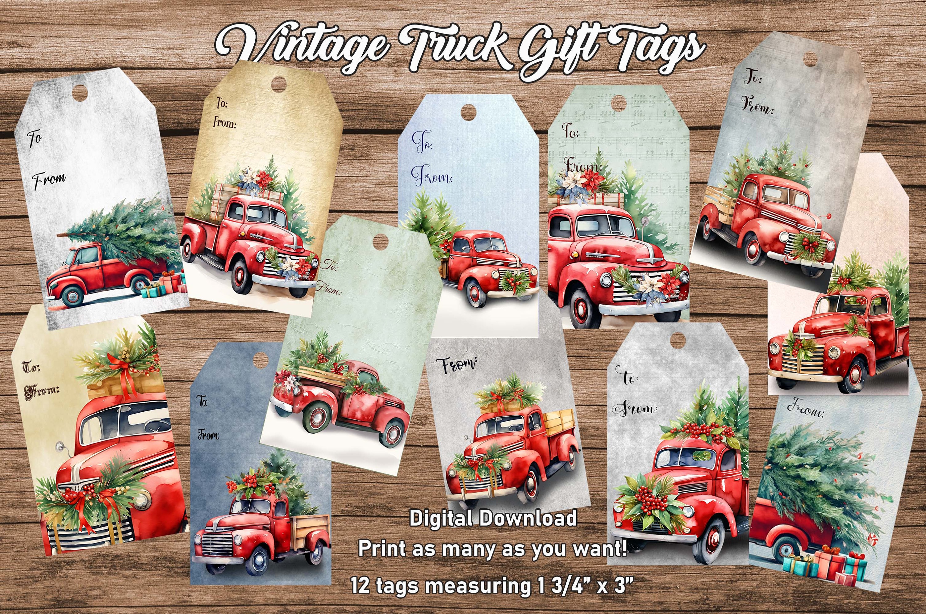 Vintage Truck Gift Tags, Printable Christmas Gift Tags, Vintage ...