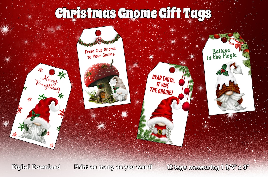 Christmas Gnome Gift Tags, Printable Gift Tags, Digital Christmas Gift ...