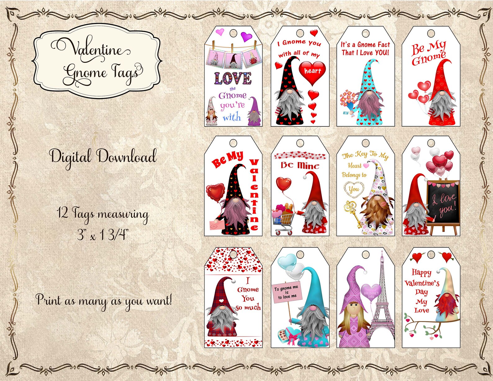 Printable Valentine Gnome Tags, Gnome Tags, Valentines Day Gnome Gift ...