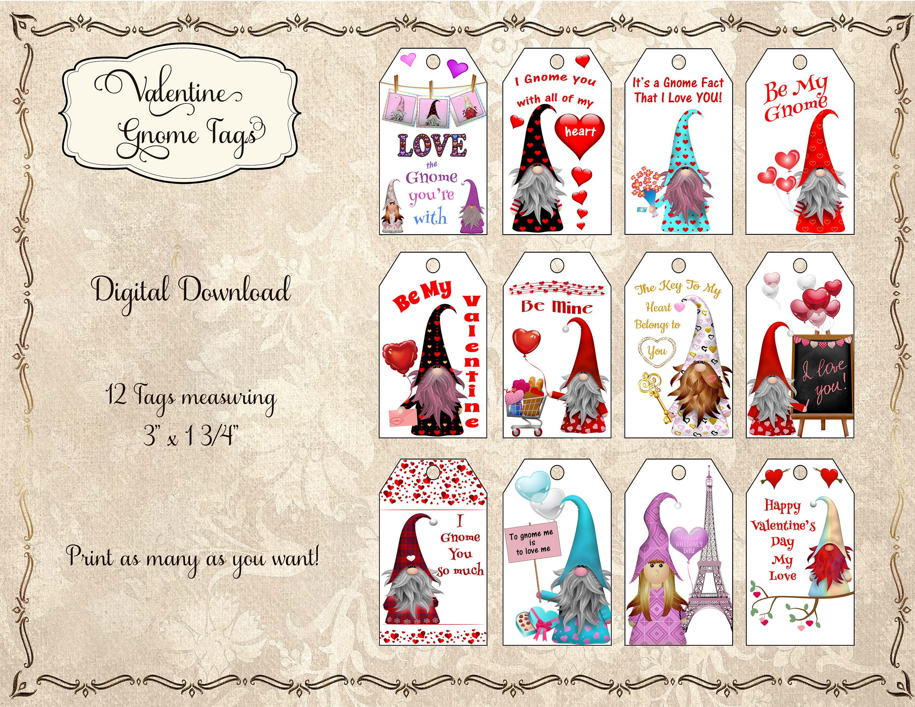 Printable Valentine Gnome Tags, Gnome Tags, Valentines Day Gnome Gift ...