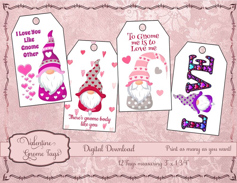 Printable Valentine Gnome Tags, Kids Valentines, Gnome Tags, Valentines ...