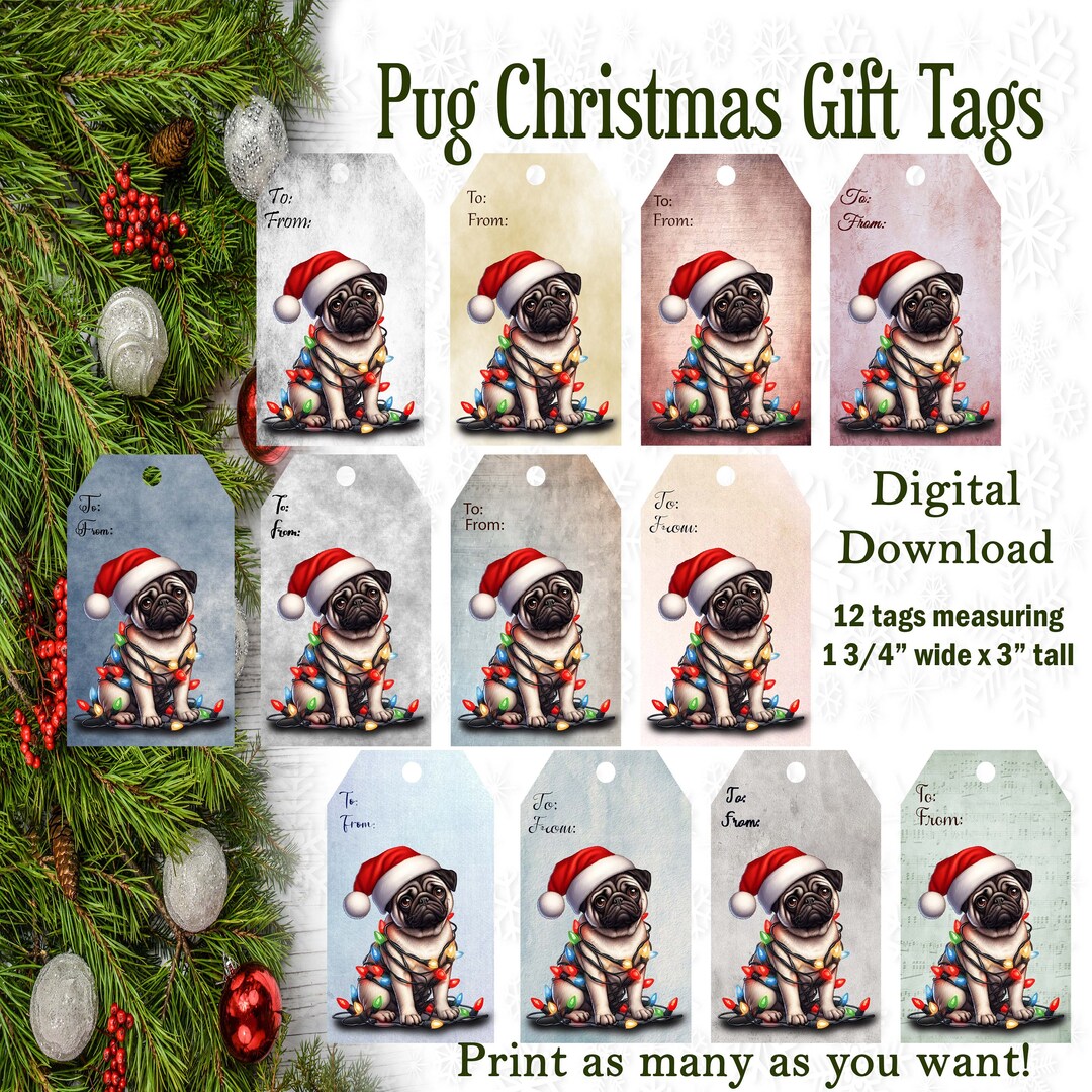 Pug Printable Gift Tags, Printable Dog Gift Tags, Digital Christmas ...