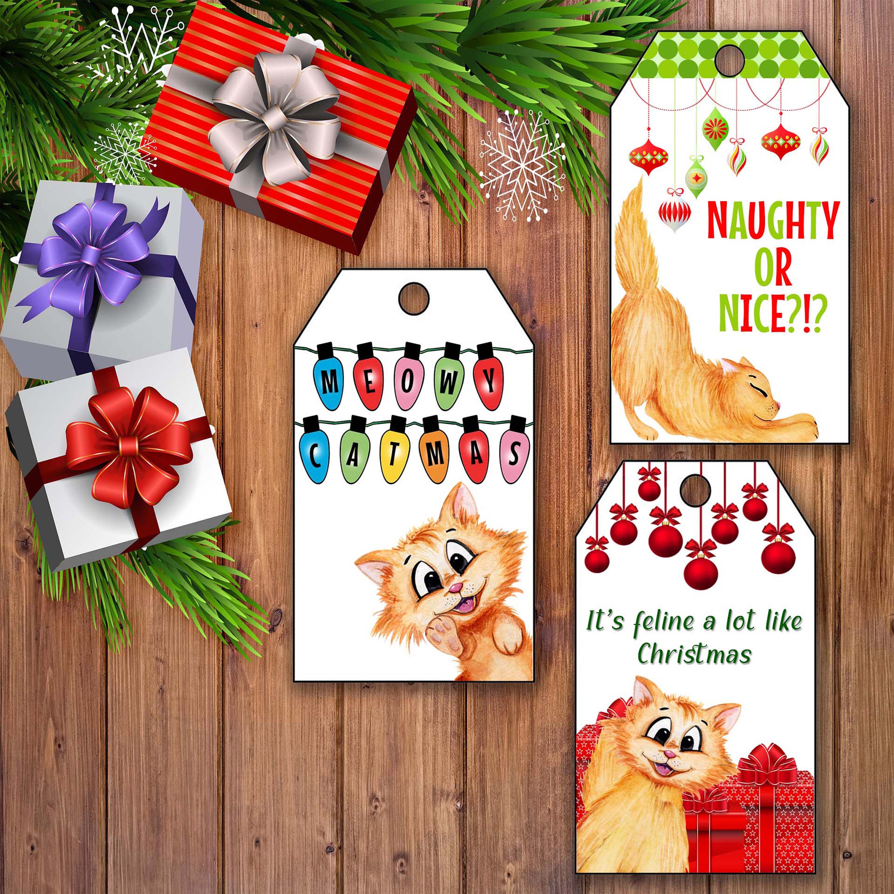 Printable Christmas Cat Gift Tags, Digital Christmas Gift Tags, Cat ...