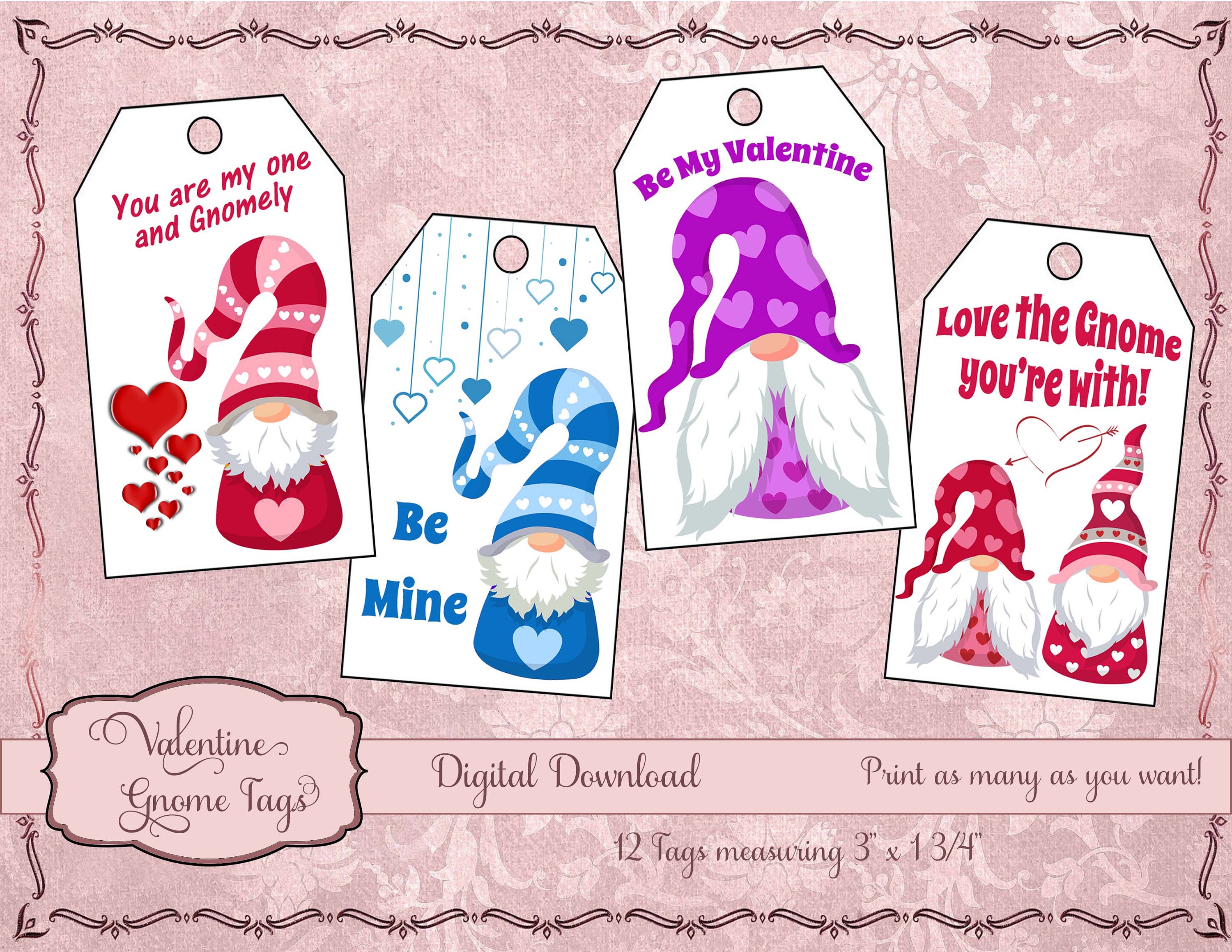 Printable Valentine Gnome Tags, Kids Valentines, Gnome Tags, Valentines ...