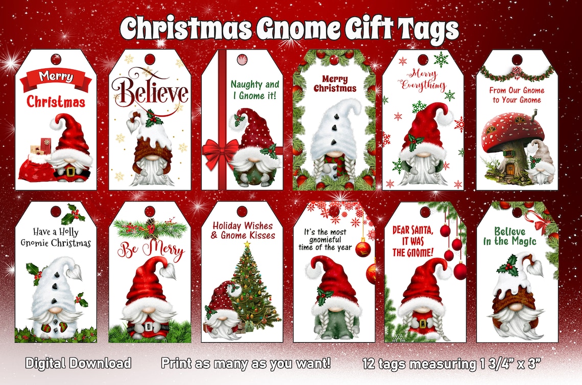 Christmas Gnome Gift Tags, Printable Gift Tags, Digital Christmas Gift ...