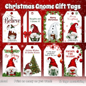 Christmas Gnome Gift Tags, Printable Gift Tags, Digital Christmas Tags ...