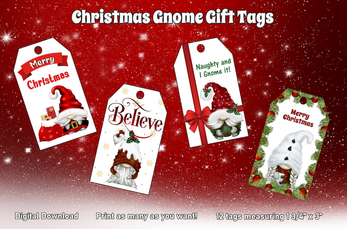 Christmas Gnome Gift Tags, Printable Gift Tags, Digital Christmas Gift ...