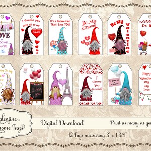 Printable Valentine Gnome Tags, Gnome Tags, Valentines Day Gnome Gift ...
