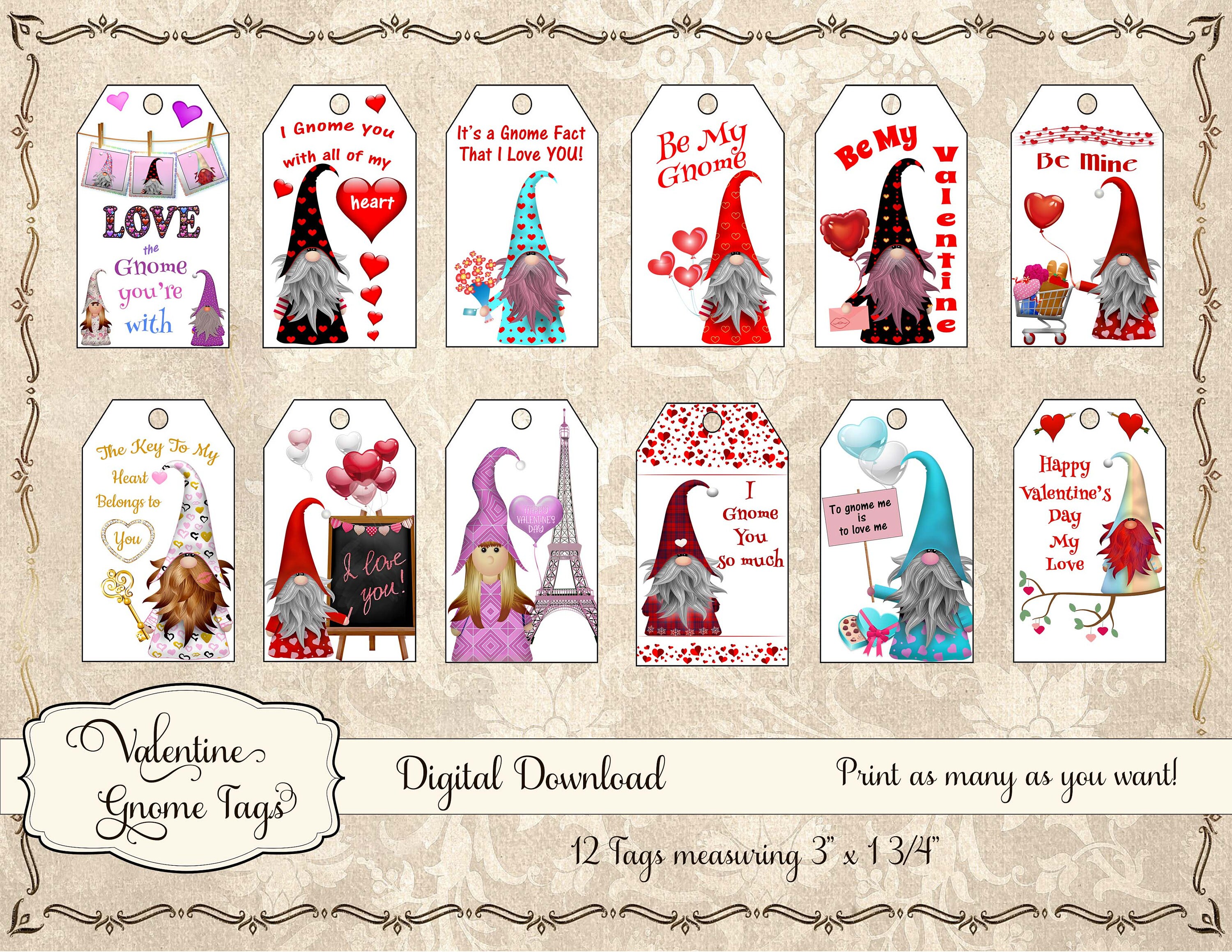 Printable Valentine Gnome Tags, Gnome Tags, Valentines Day Gnome Gift ...