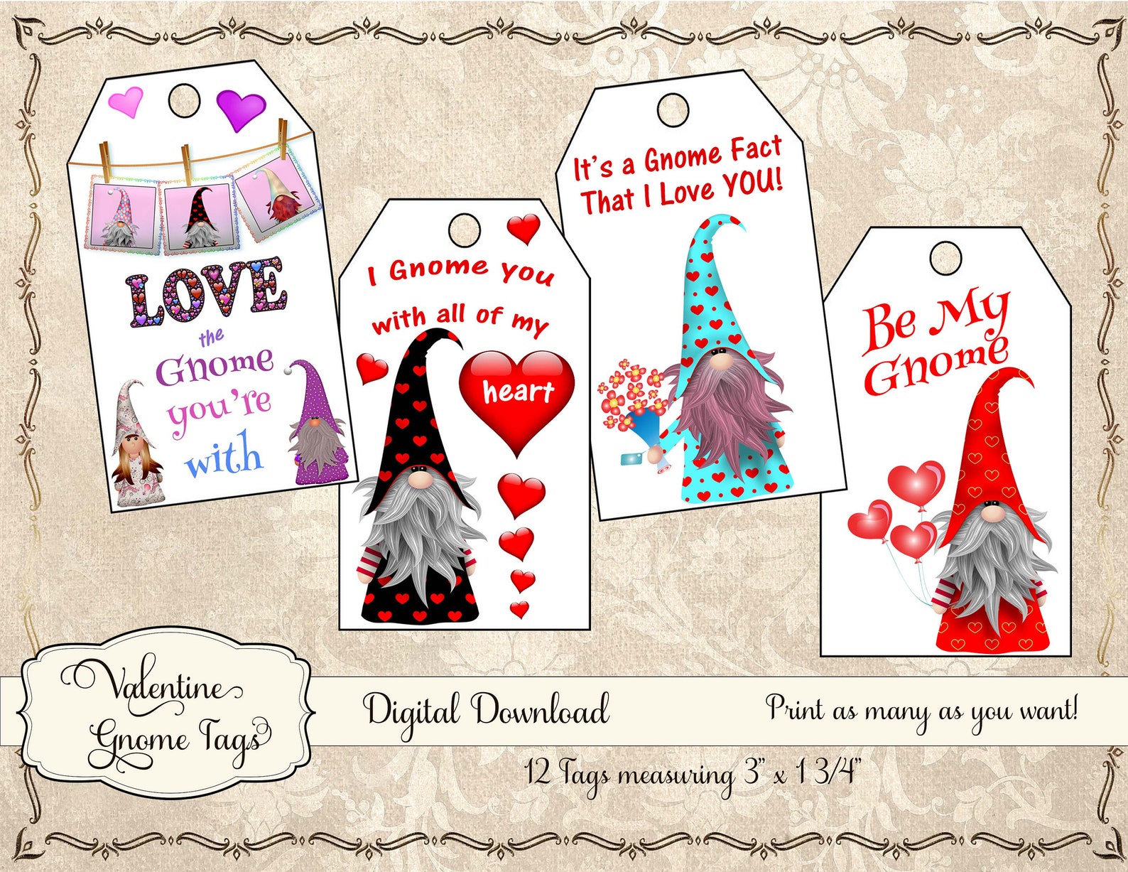 Printable Valentine Gnome Tags, Gnome Tags, Valentines Day Gnome Gift ...