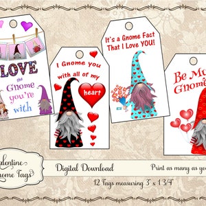 Printable Valentine Gnome Tags, Gnome Tags, Valentines Day Gnome Gift ...