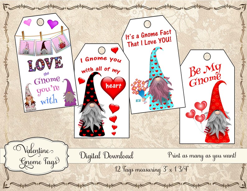 Printable Valentine Gnome Tags, Gnome Tags, Valentines Day Gnome Gift ...