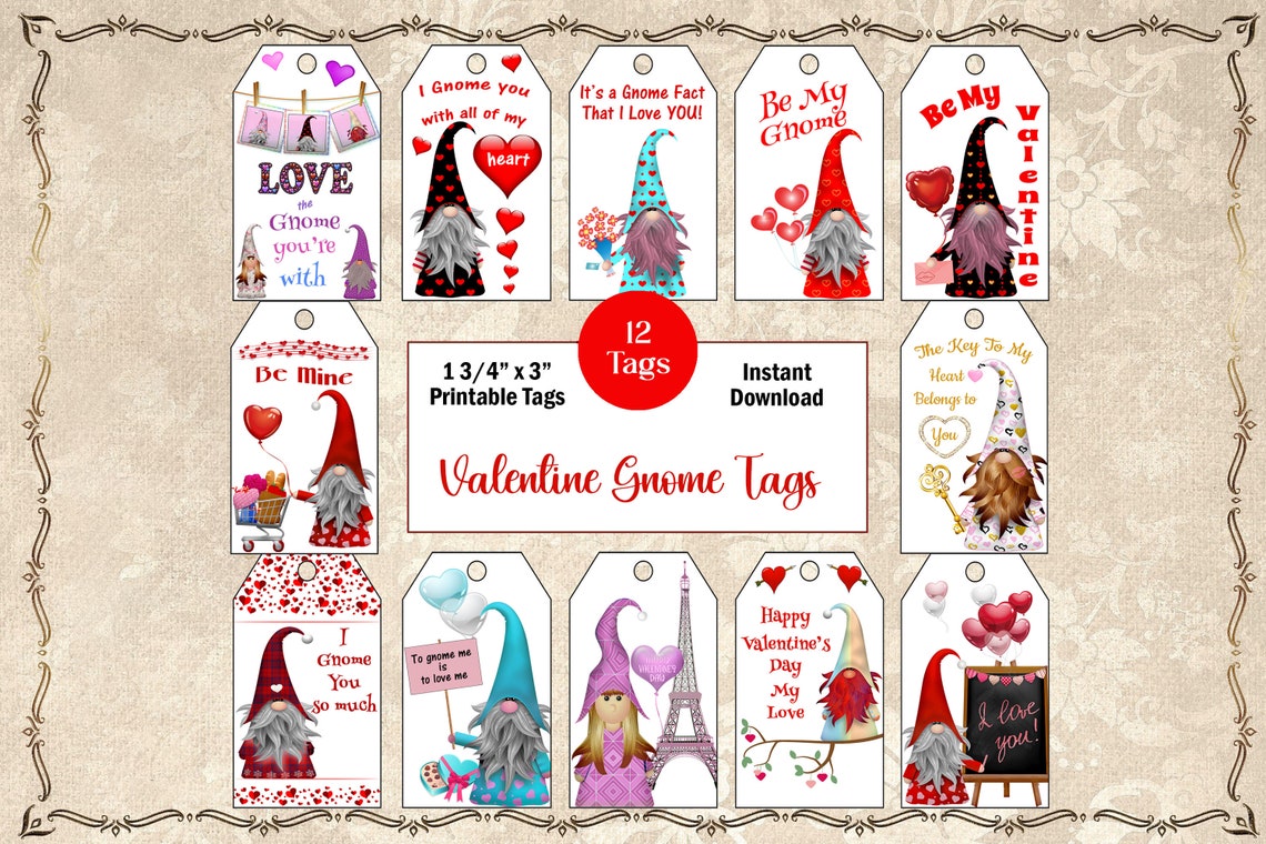 Printable Valentine Gnome Tags, Gnome Tags, Valentines Day Gnome Gift ...