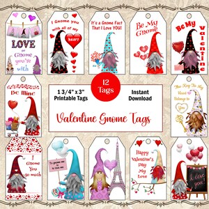 Printable Valentine Gnome Tags, Gnome Tags, Valentines Day Gnome Gift ...