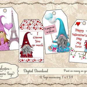 Printable Valentine Gnome Tags, Gnome Tags, Valentines Day Gnome Gift ...