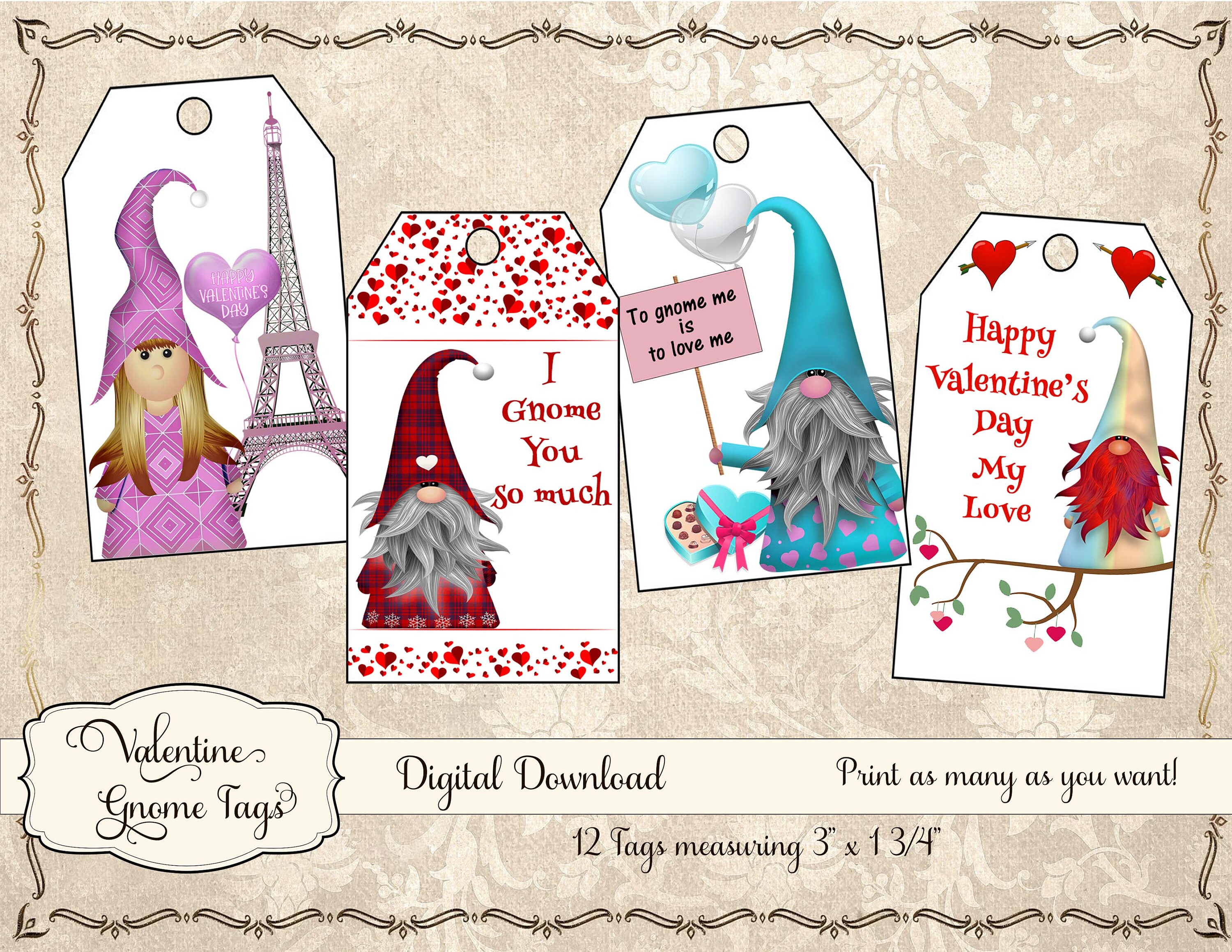 Printable Valentine Gnome Tags, Gnome Tags, Valentines Day Gnome Gift ...