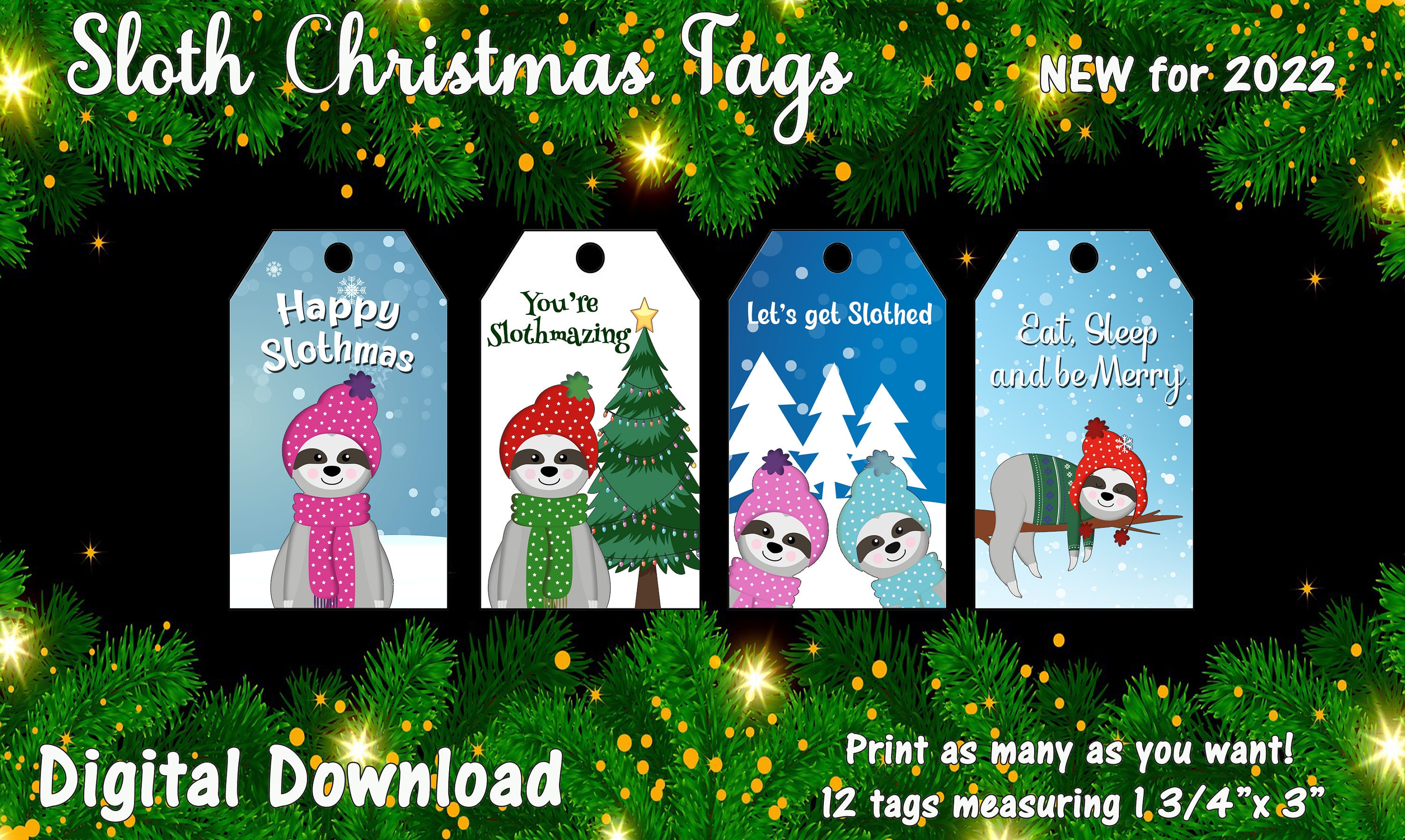 Sloth Christmas Gift Tags, Printable Christmas Tags, Digital Download ...