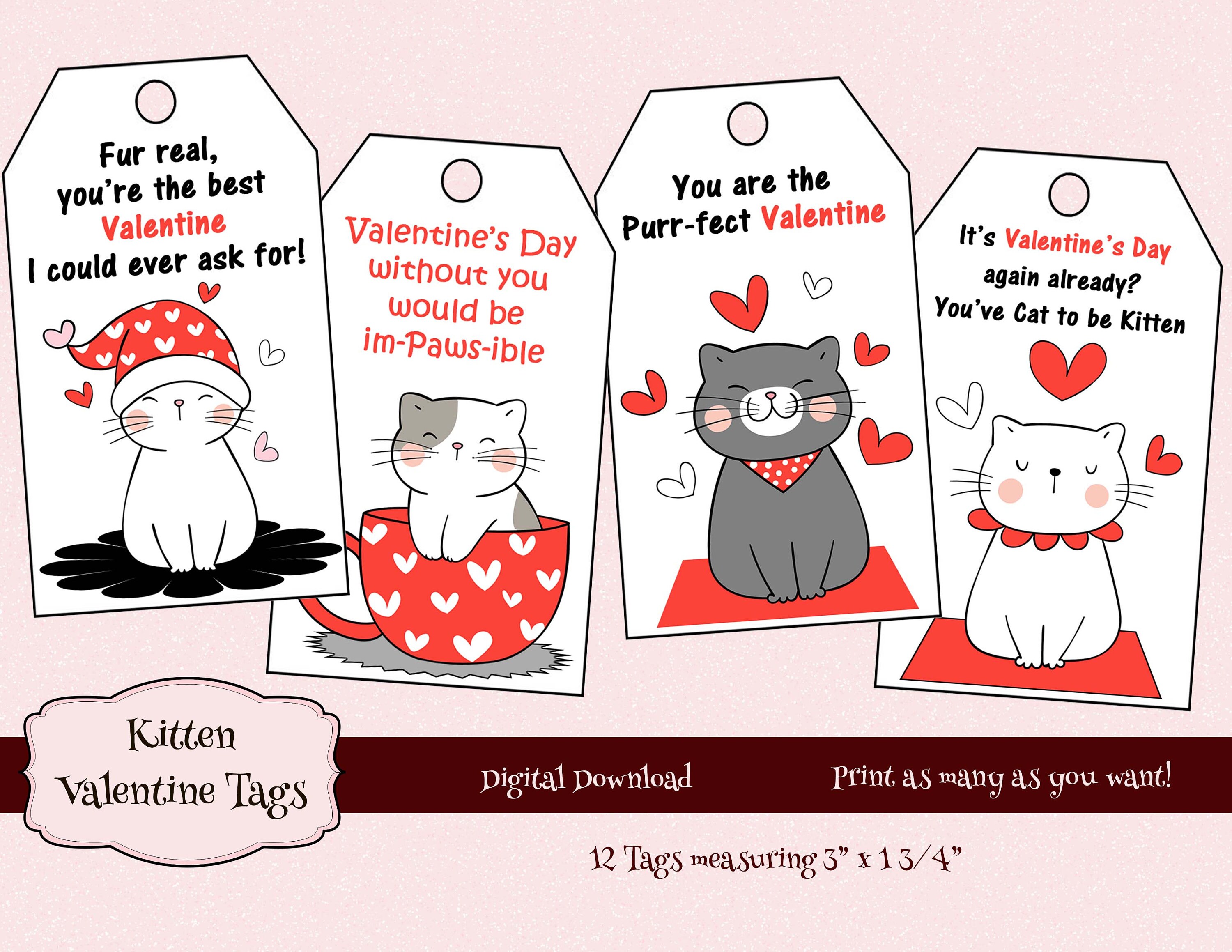 Cat Valentine Cards for Kids, Digital Valentines, Kitty Cat Gift Tags ...