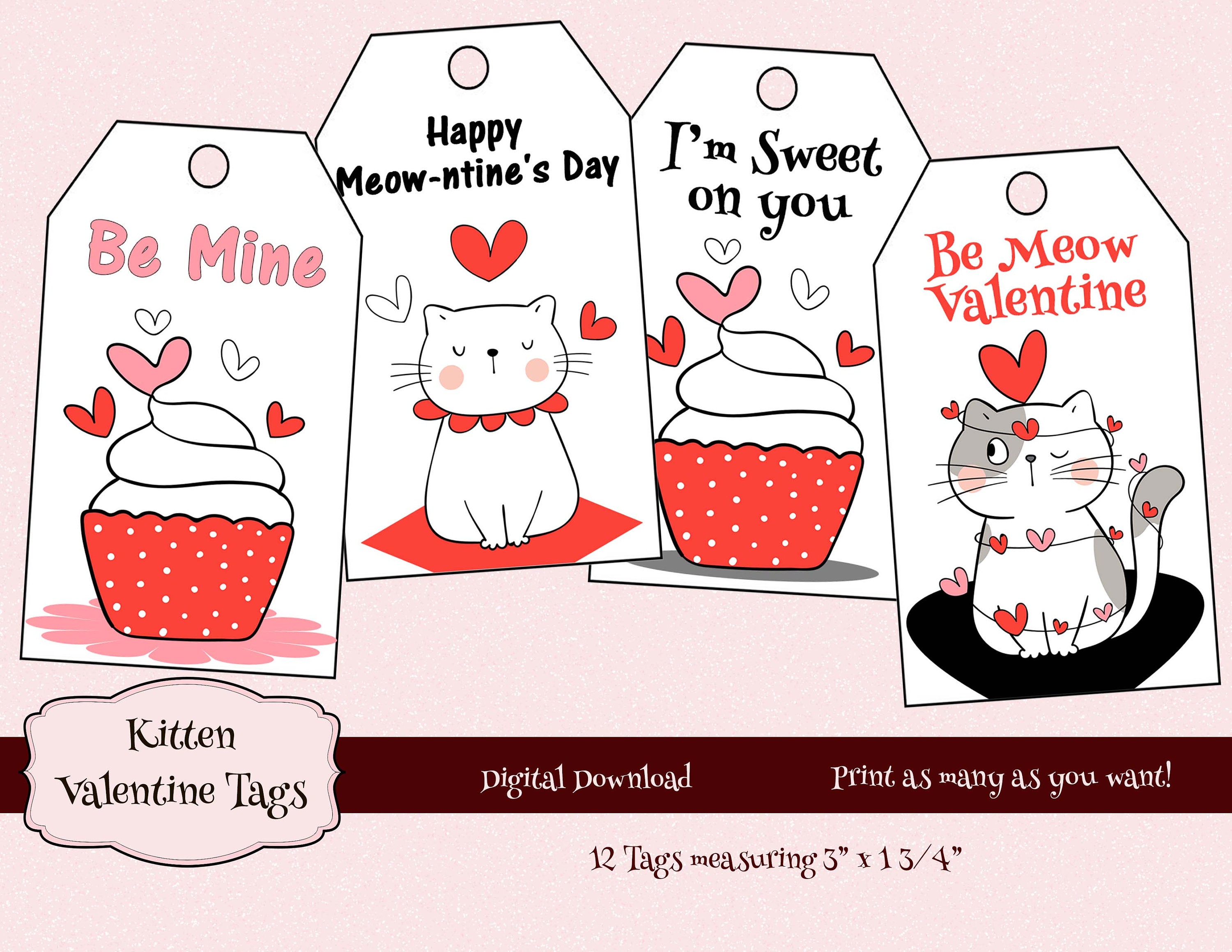 Cat Valentine Cards for Kids, Digital Valentines, Kitty Cat Gift Tags ...