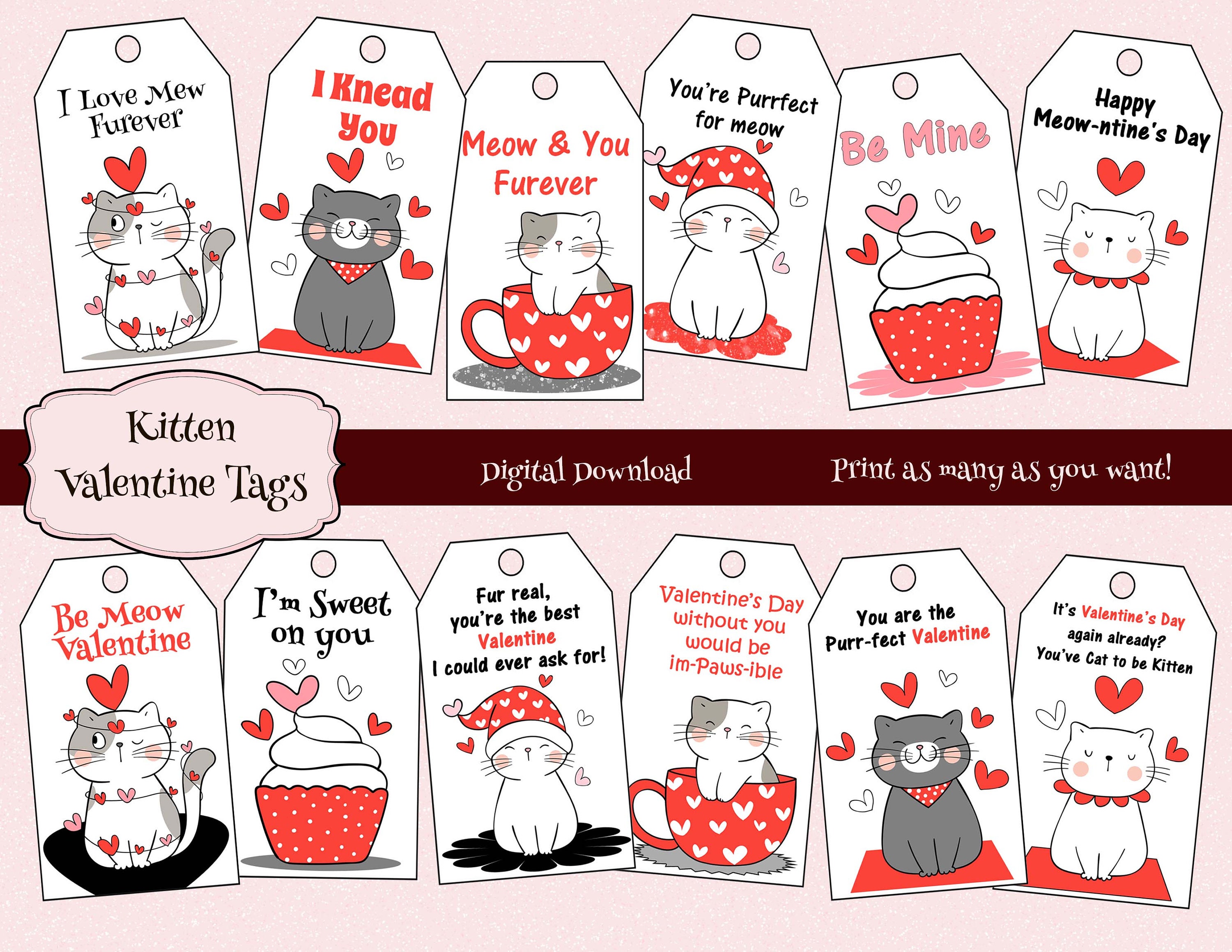 Cat Valentine Cards for Kids, Digital Valentines, Kitty Cat Gift Tags ...