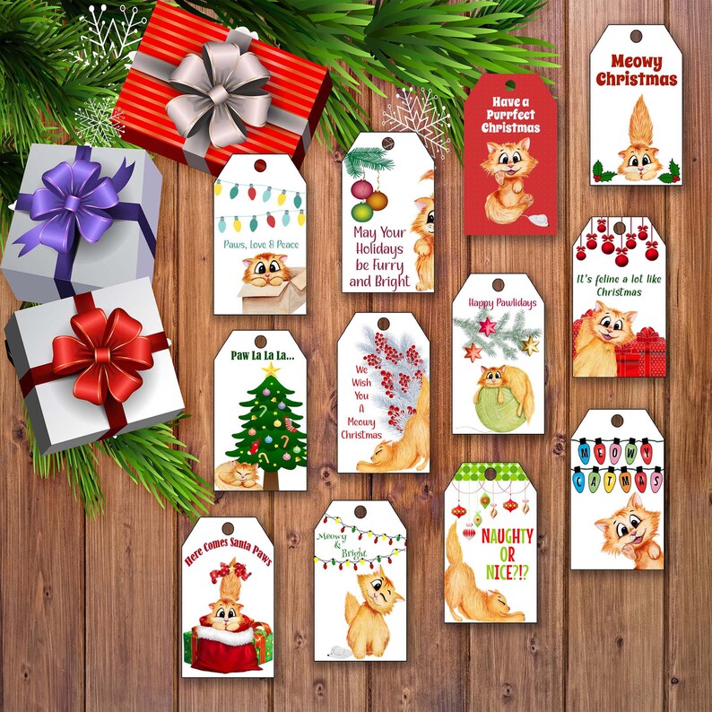 Printable Christmas Cat Gift Tags, Digital Christmas Gift Tags, Cat ...