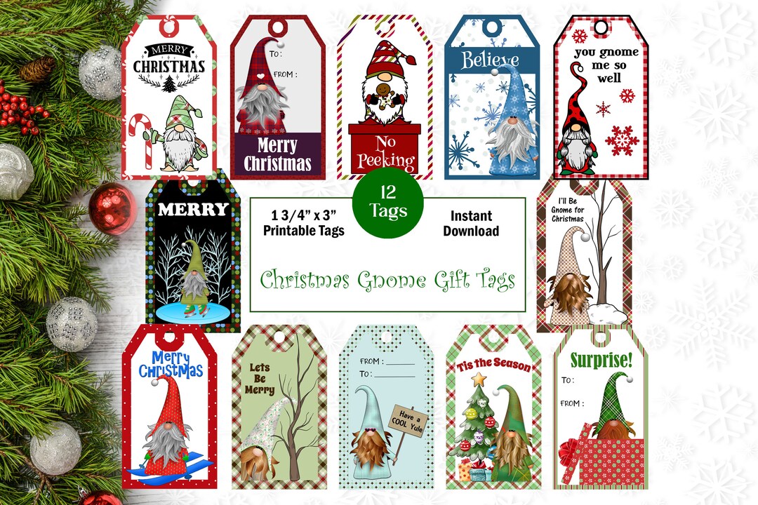 Printable Christmas Gnome Gift Tags, Digital Christmas Gift Tags, Gnome ...