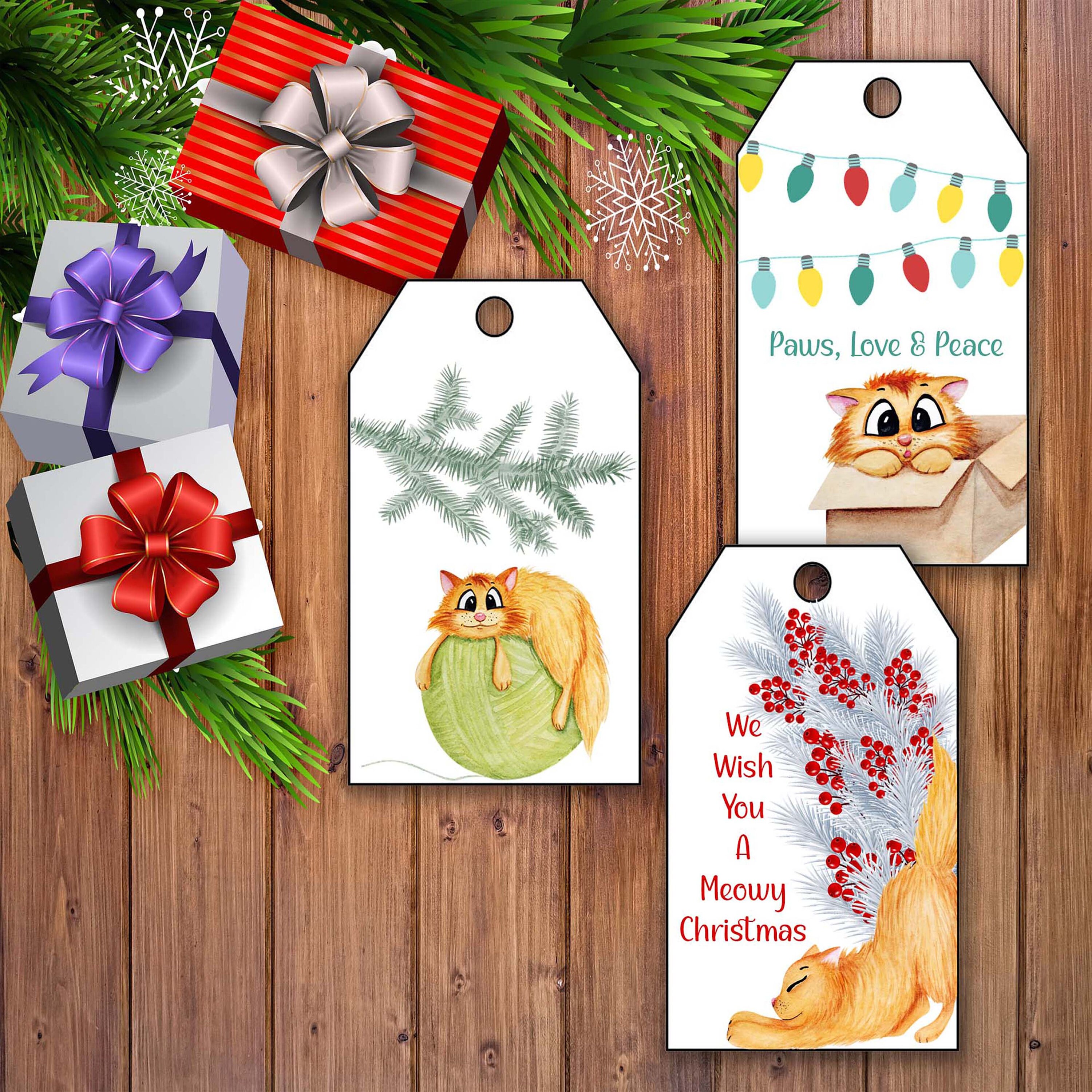 Printable Christmas Cat Gift Tags, Digital Christmas Gift Tags, Cat ...
