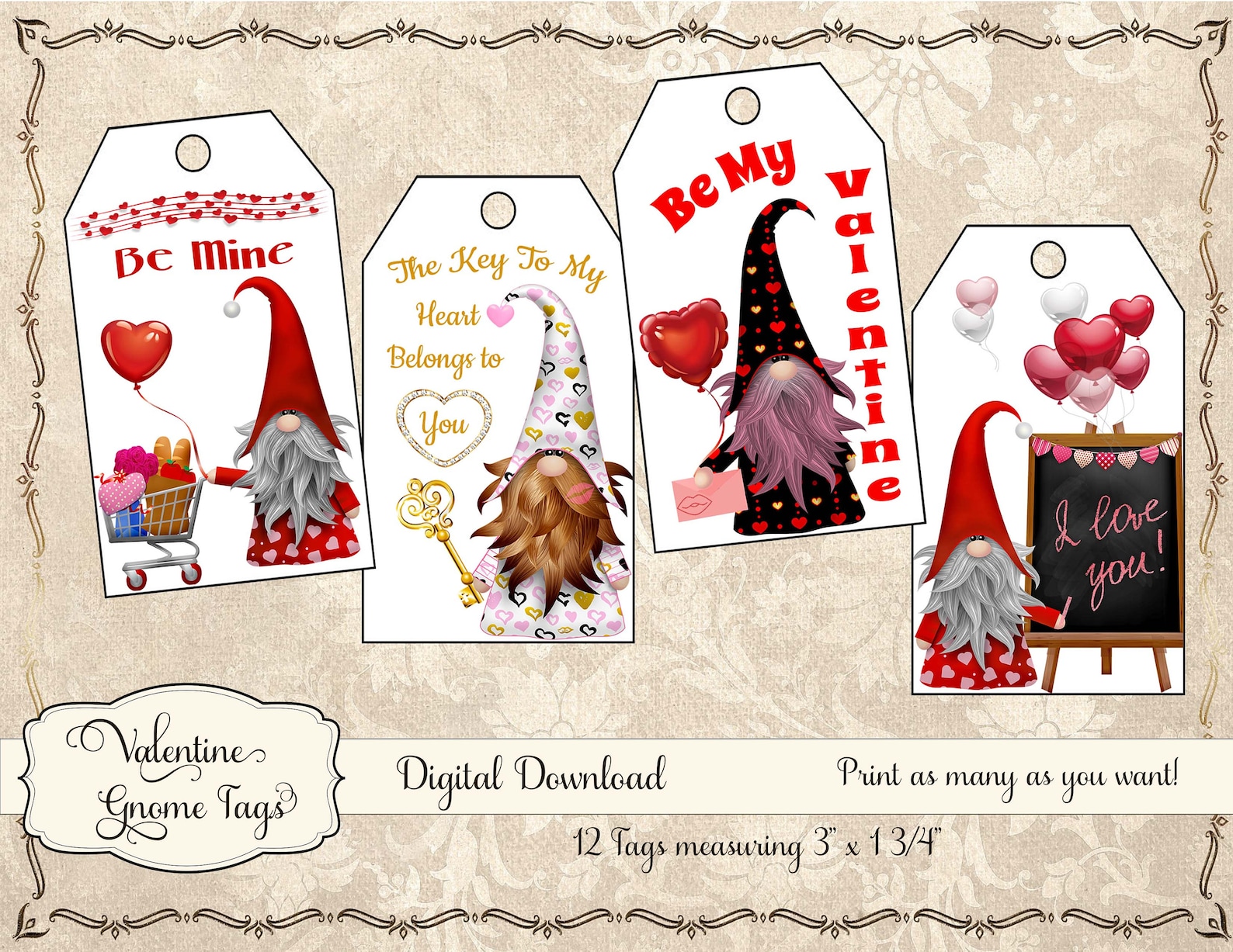 Printable Valentine Gnome Tags, Gnome Tags, Valentines Day Gnome Gift ...