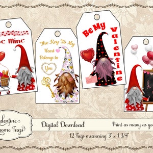 Printable Valentine Gnome Tags, Gnome Tags, Valentines Day Gnome Gift ...