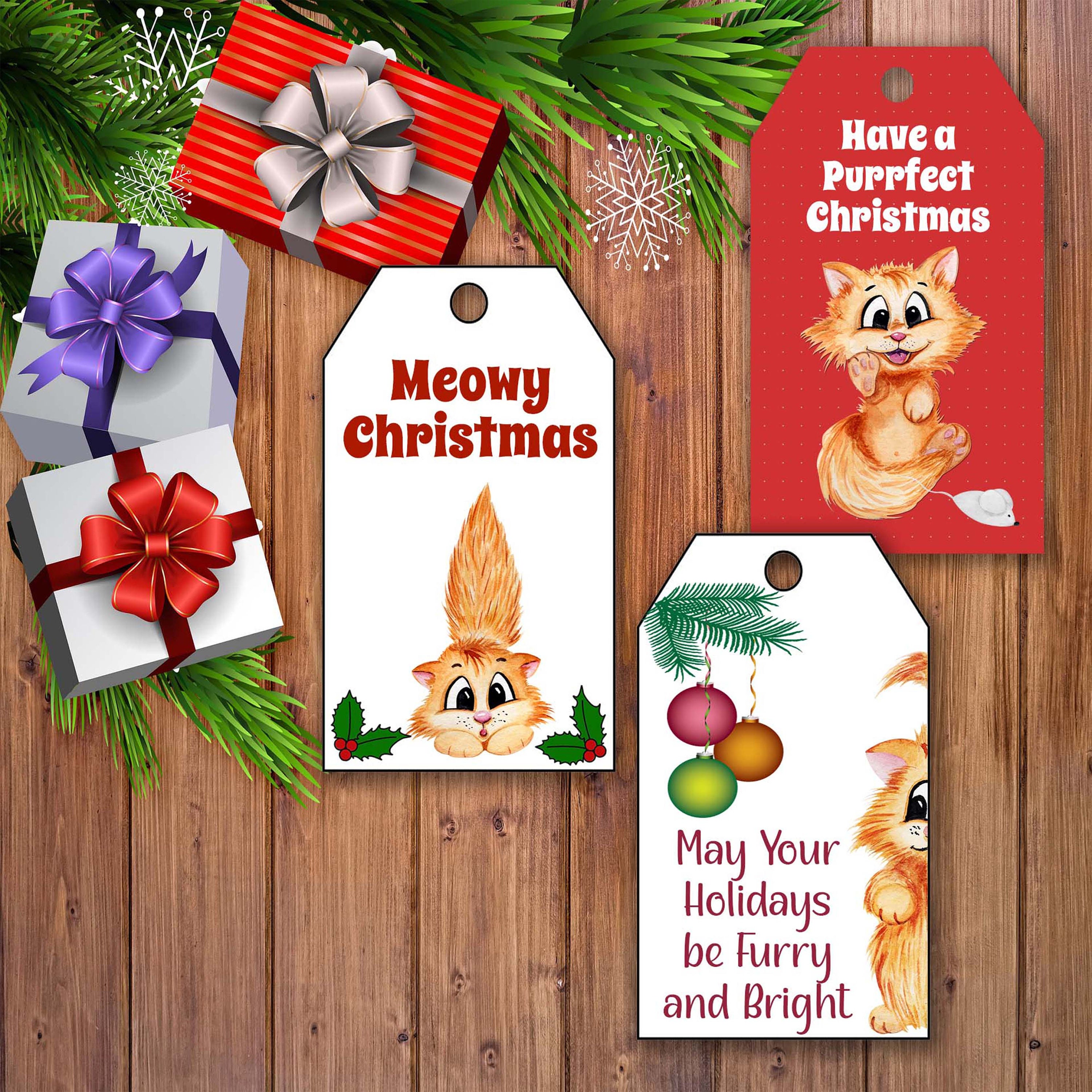Printable Christmas Cat Gift Tags, Digital Christmas Gift Tags, Cat ...