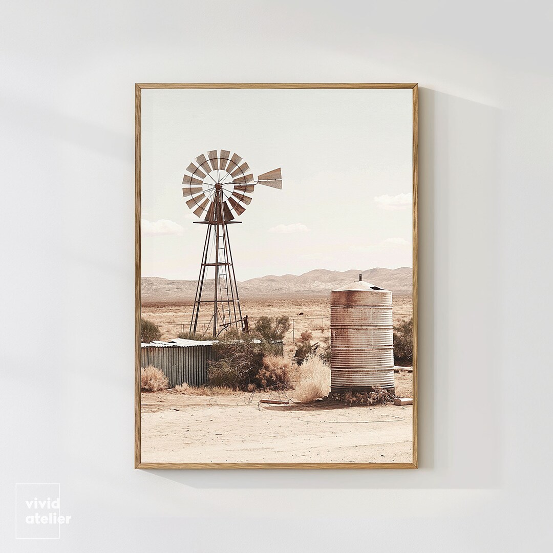 Rustic Windmill Art Print, Desert Landscape Digital Download, Vintage ...
