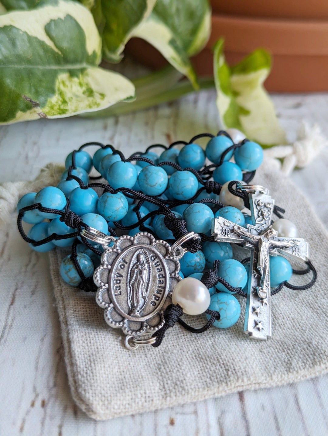 Our Lady of Guadalupe Silver Tone + Turquoise Howlite Ladder Rosary ...