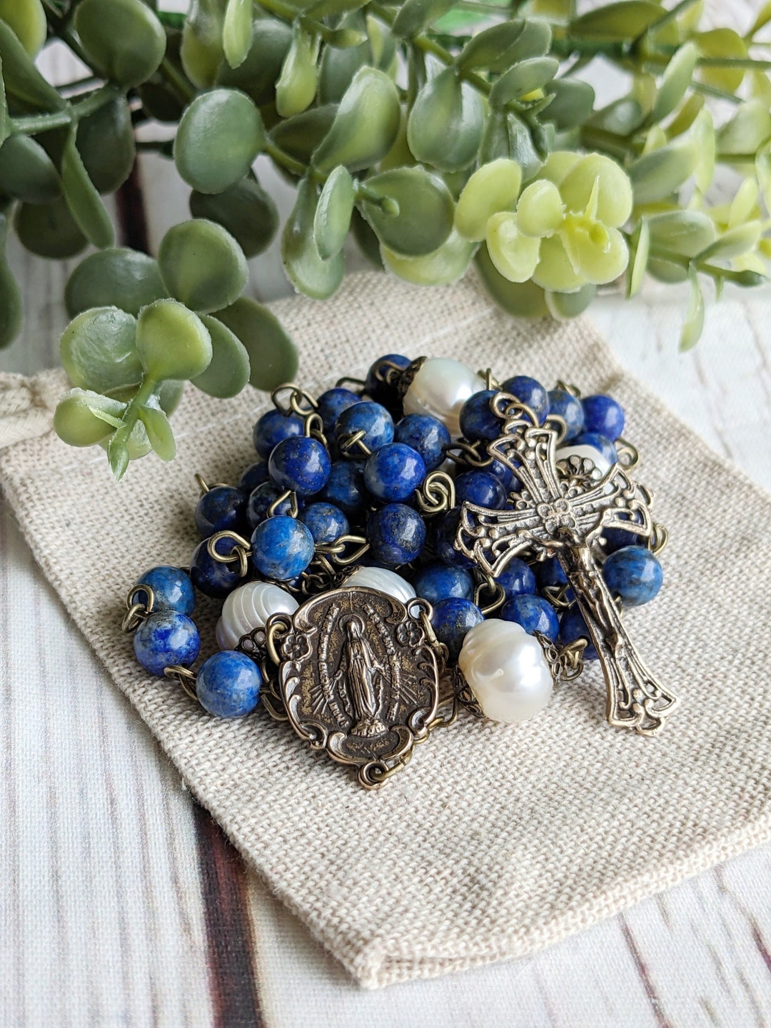 Miraculous Medal Solid Bronze Lapis and Freshwater Pearl Rosary ...