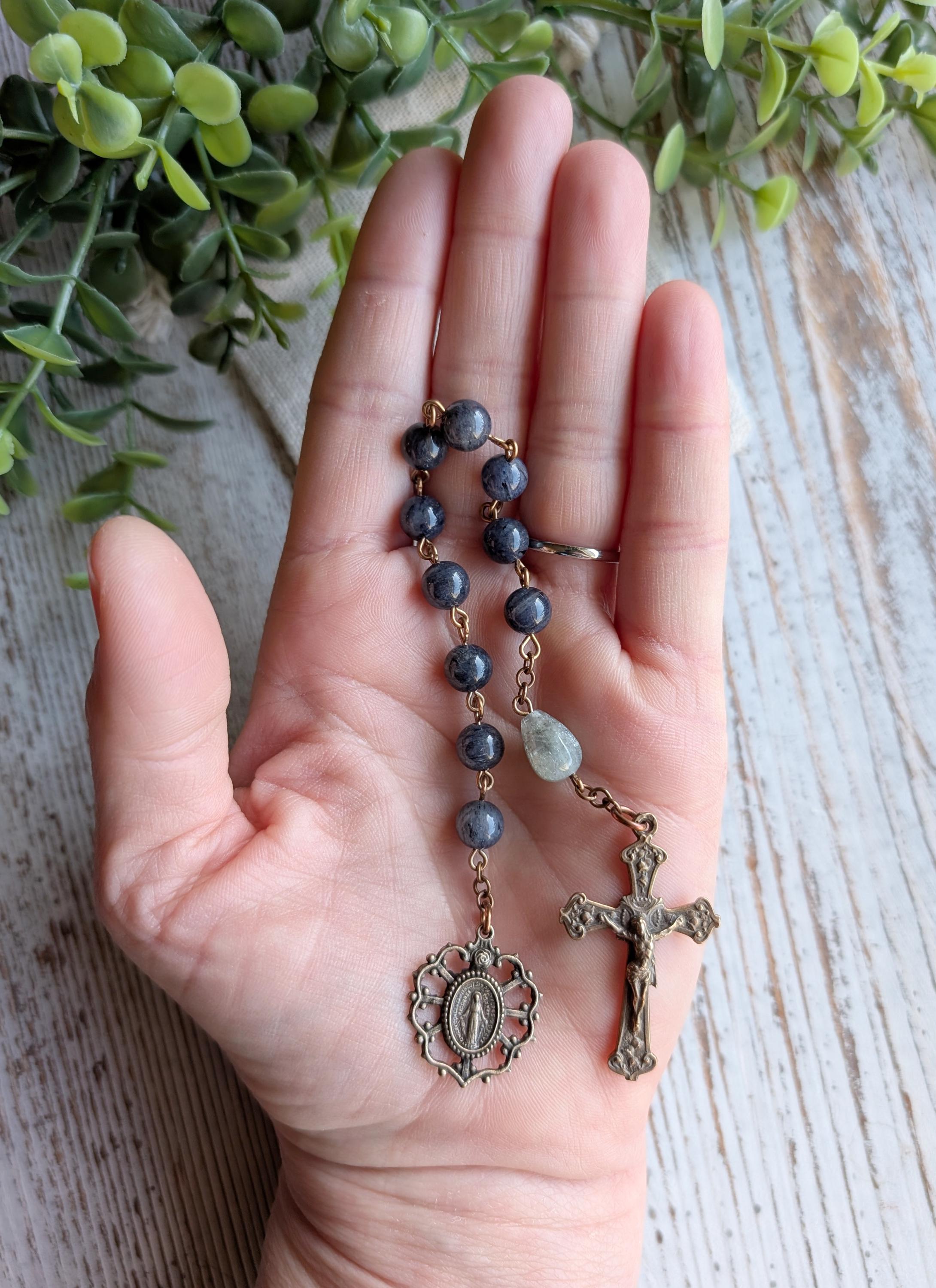 Miraculous Medal Solid Bronze Blue Rutilated Quartz And Aquamarine