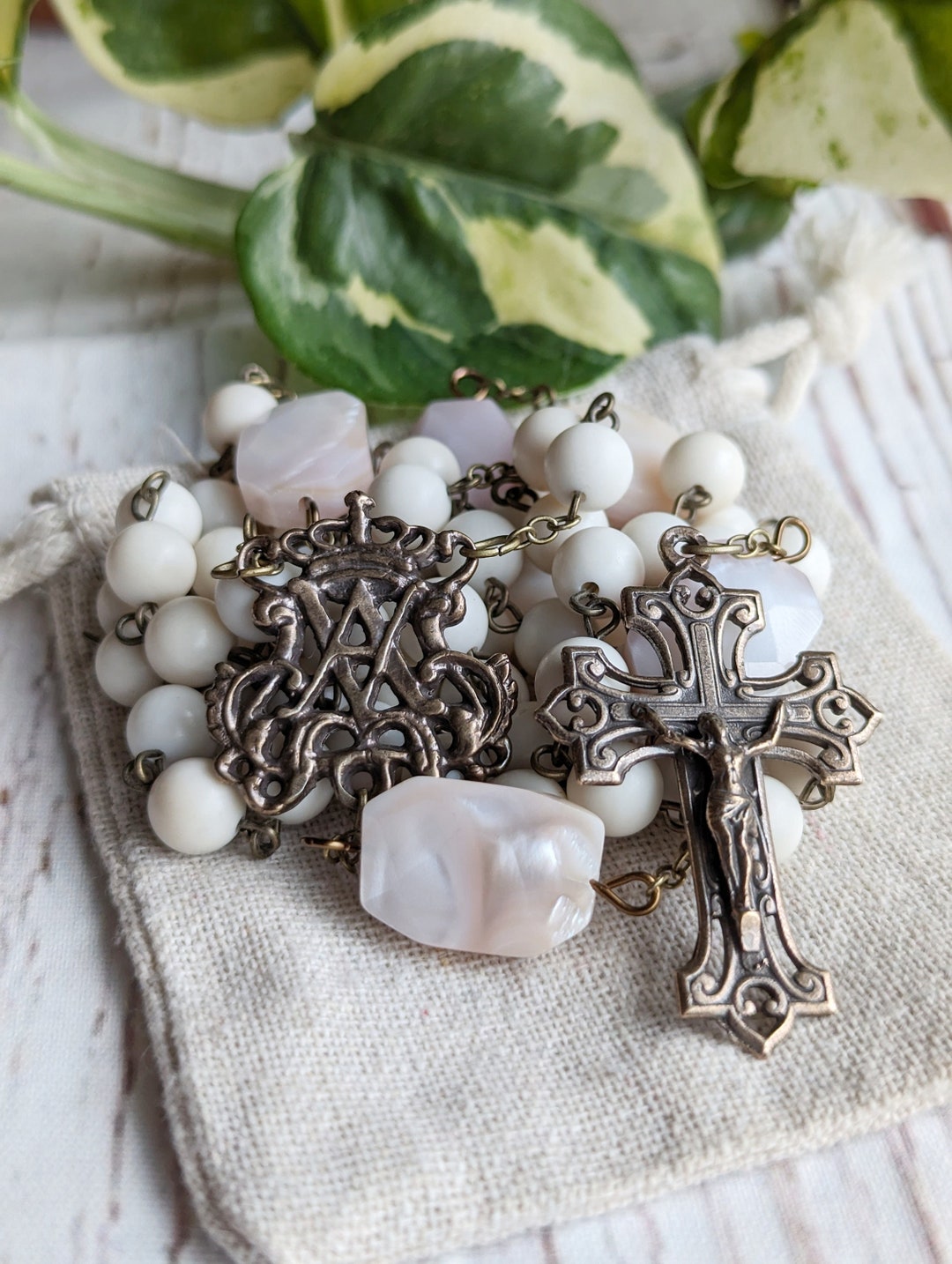 Tower of Ivory Solid Bronze + Ivory Jasper and Mother of Pearl Rosary ...
