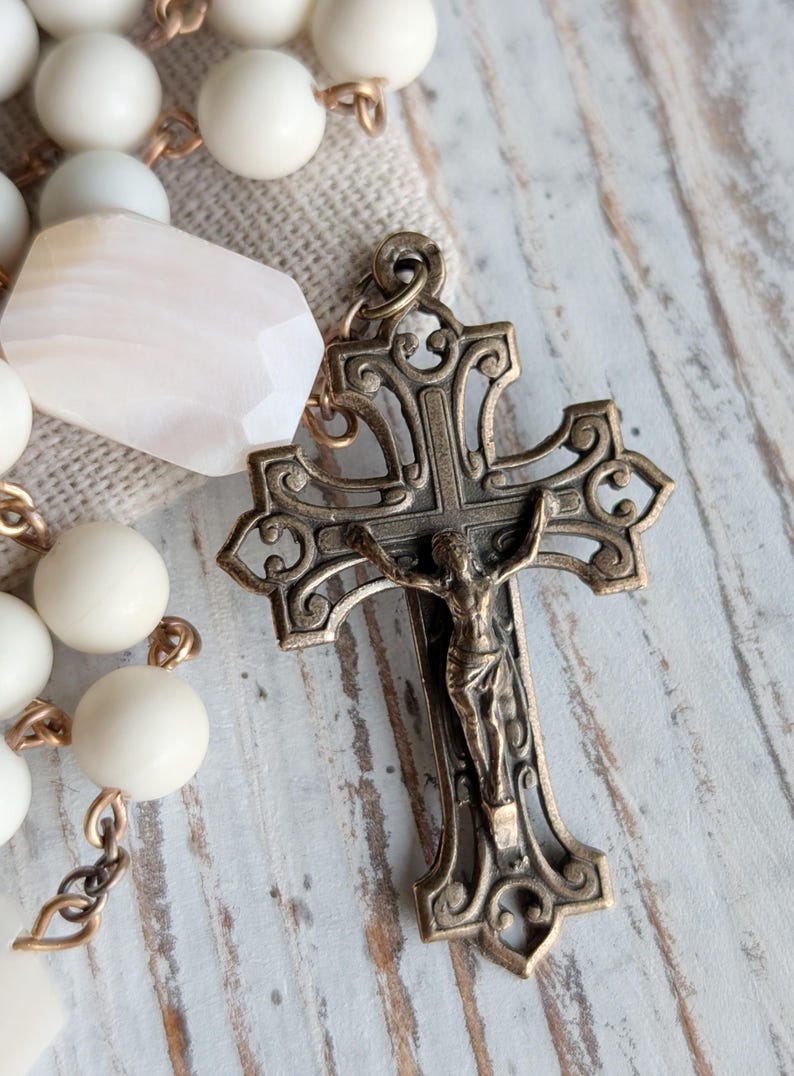 Tower of Ivory Solid Bronze + Ivory Jasper and Mother of Pearl Rosary ...