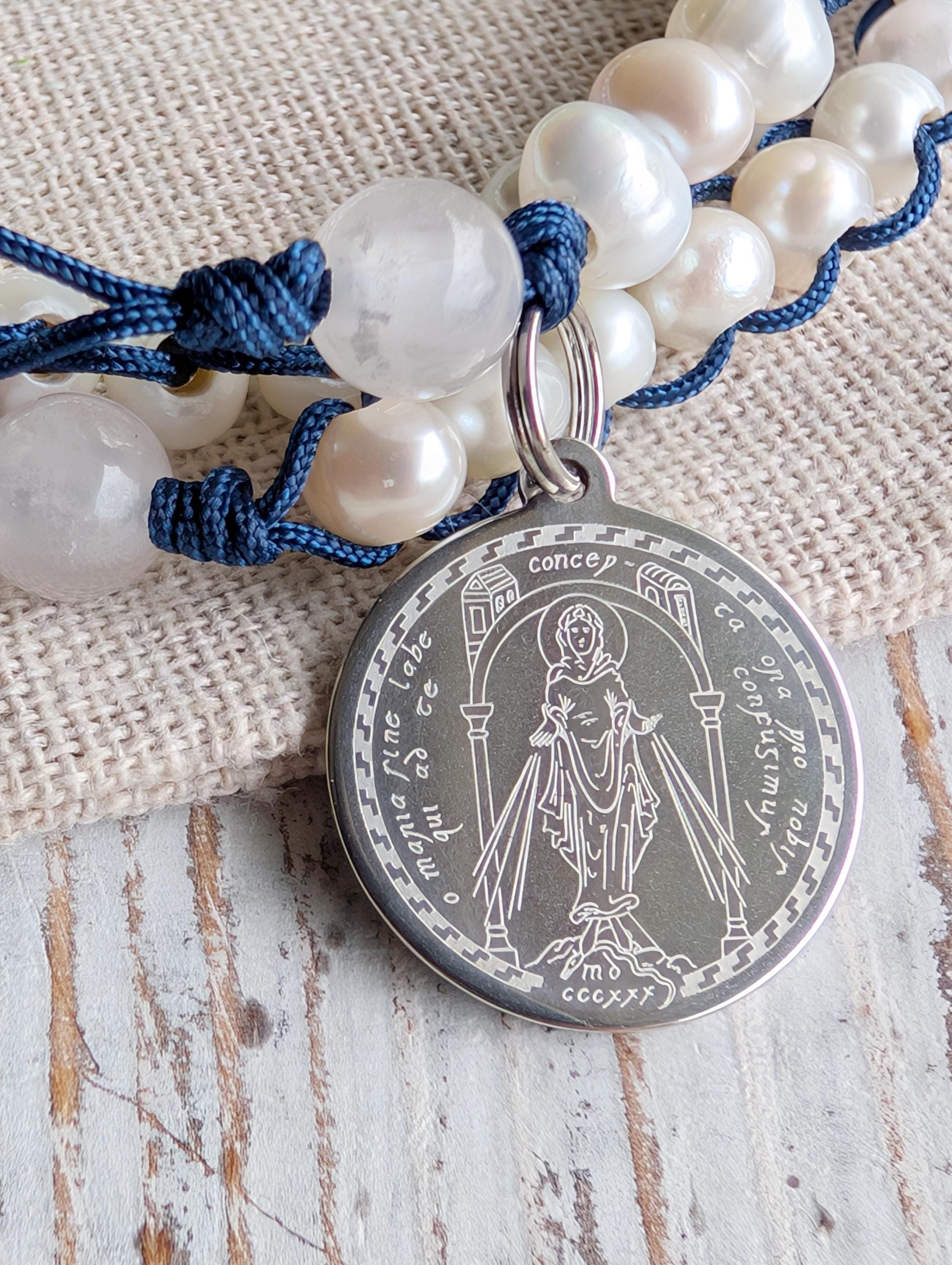 Medieval Style Miraculous Medal Stainless Steel + Freshwater Pearl and ...