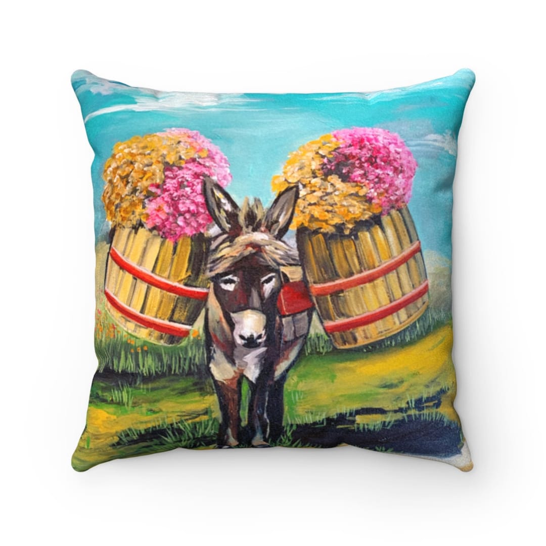 Mexican Burro With Flowers Pillow – Colorful Folk Art Cushion, Donkey ...