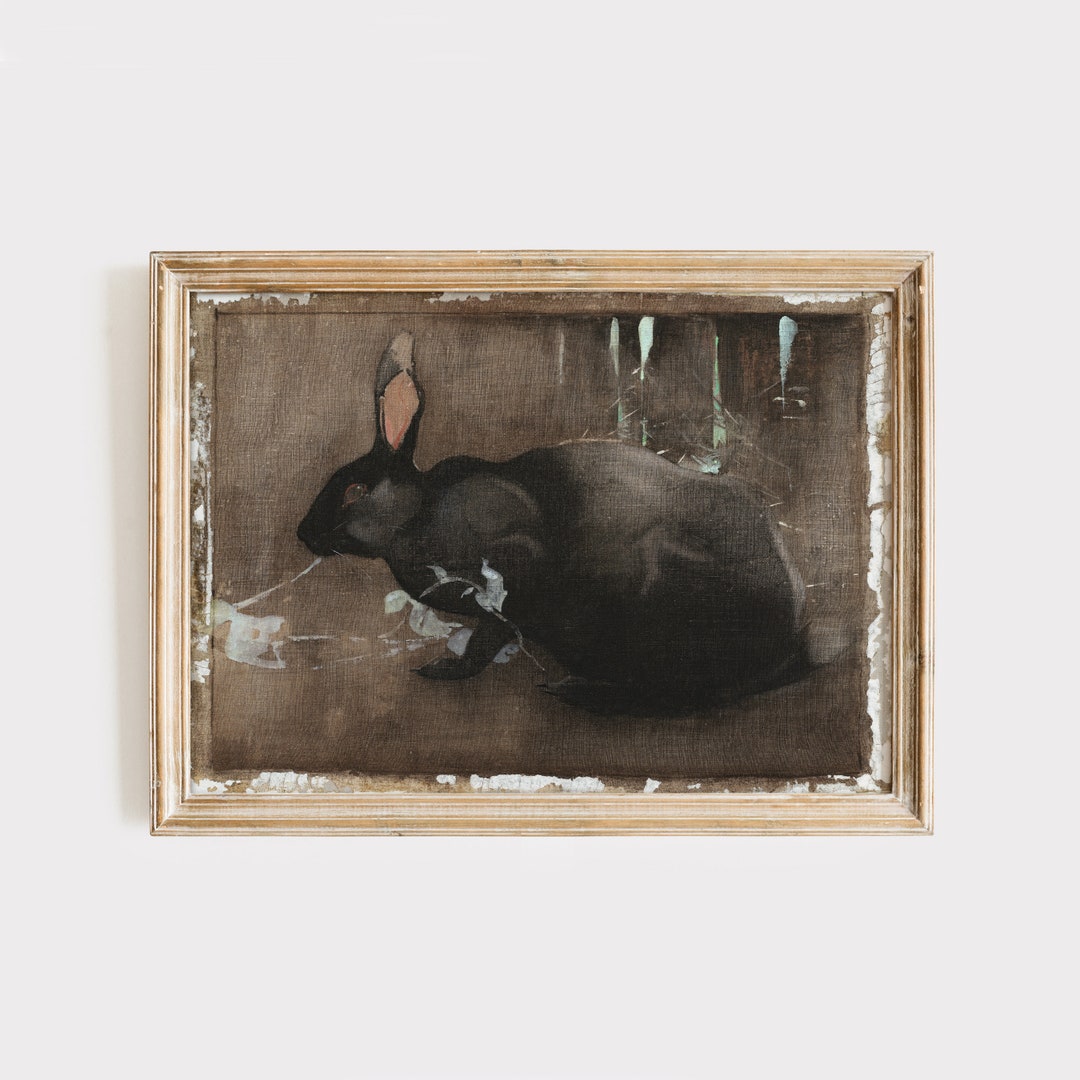 Vintage Rabbit Painting, Black Rabbit Painting, Animal Ar Print ...