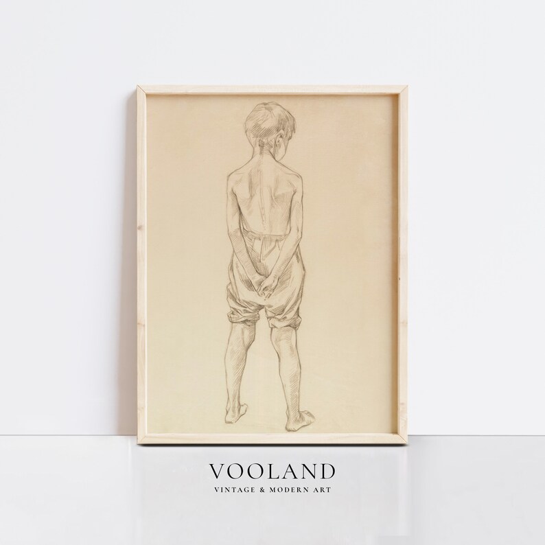 Vintage Pencil Drawing, A Young Boy Standing on the Shore, 19th Century ...