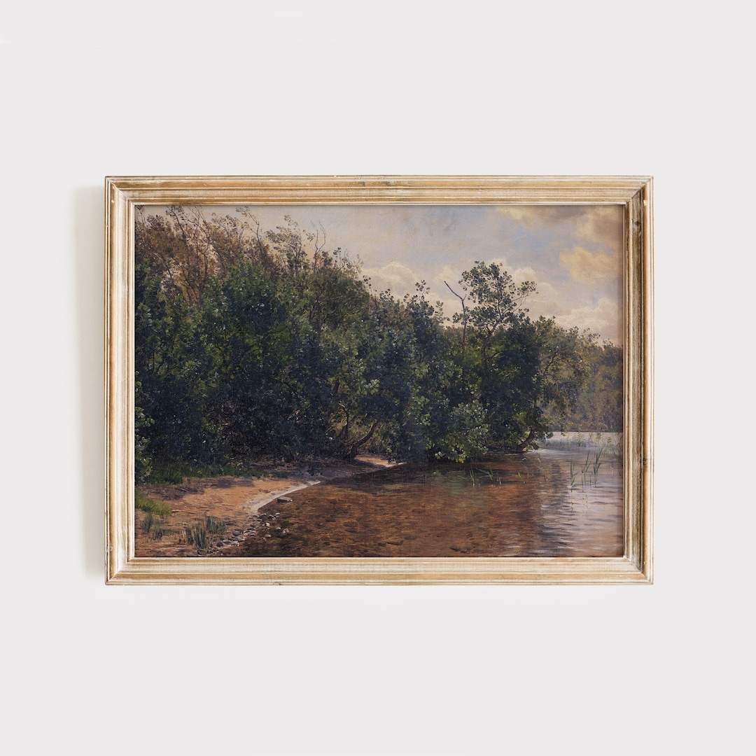 Vintage Northern European Landscape Painting, Elm Bushes at Almind Lake ...
