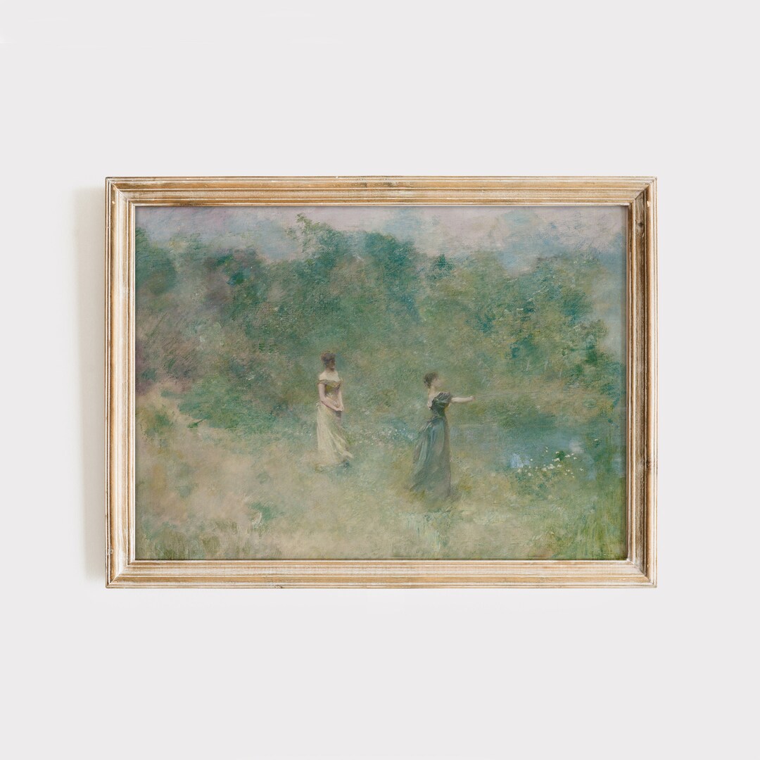 Beautiful 19th Century Painting of 2 Women by the Lake, Spring Scenery ...