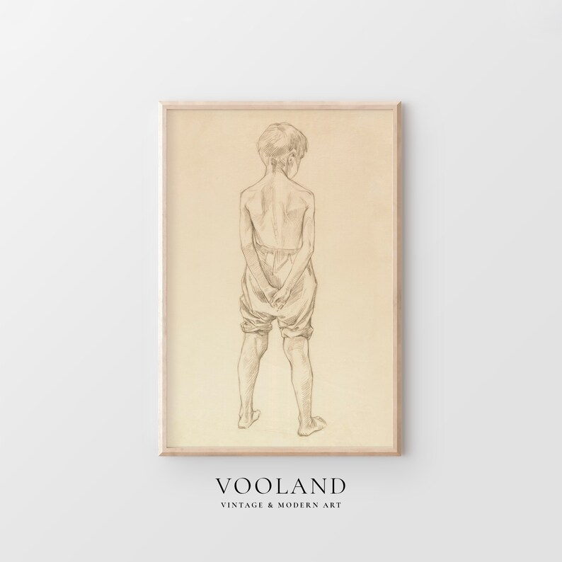 Vintage Pencil Drawing, A Young Boy Standing on the Shore, 19th Century ...