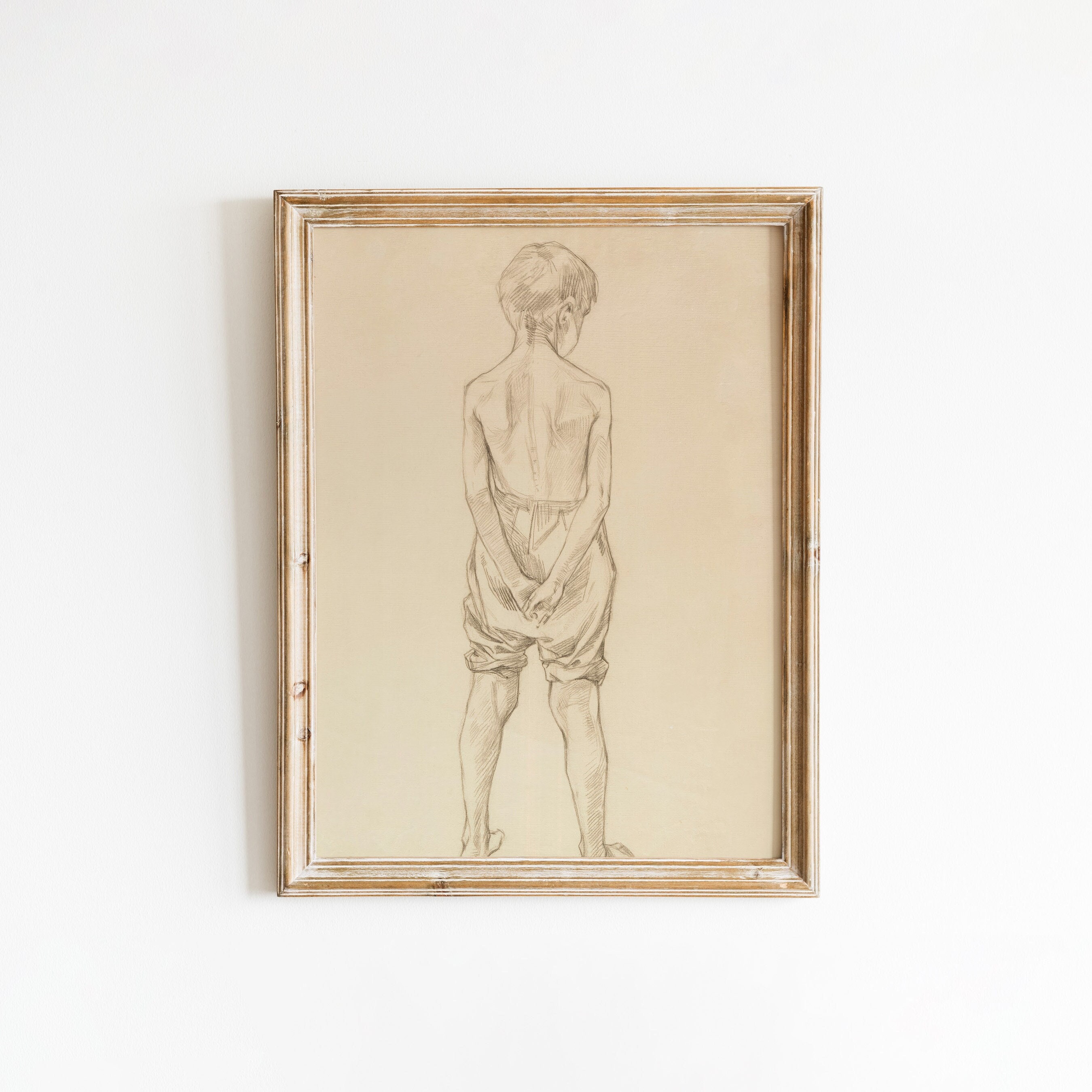 Vintage Pencil Drawing, A Young Boy Standing on the Shore, 19th Century ...