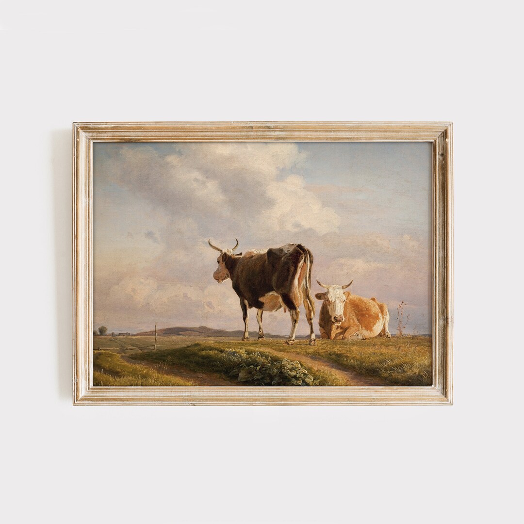 Oil Painting of Two Cows in an Open Field, 19th Century Printable ...