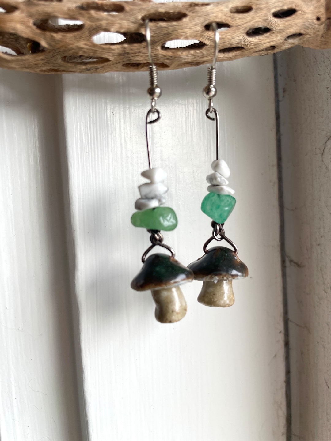 Handmade Ceramic Mushroom Silver Earrings With Howlite and Aventurine ...