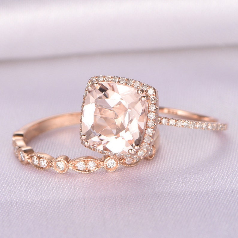 Morganite Wedding Ring Set Morganite Engagement Ring 2pcs - Etsy