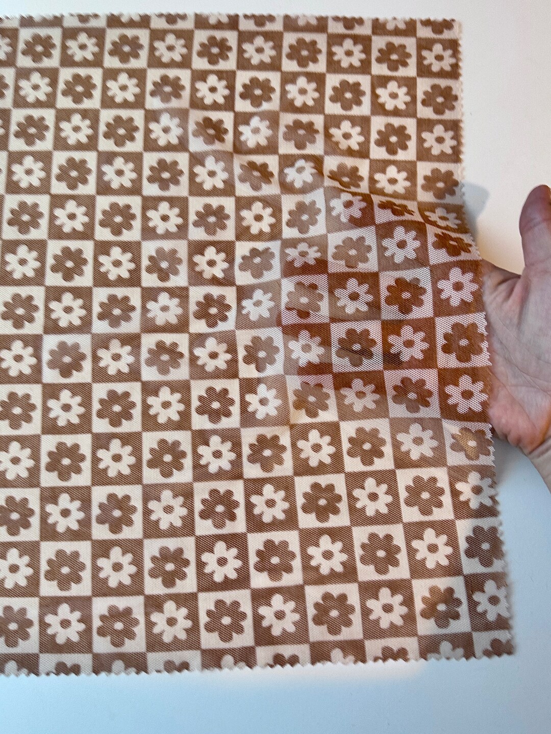 Brown Cream Power Mesh Fabric, Flower Print 4-way Stretch Power Mesh by ...