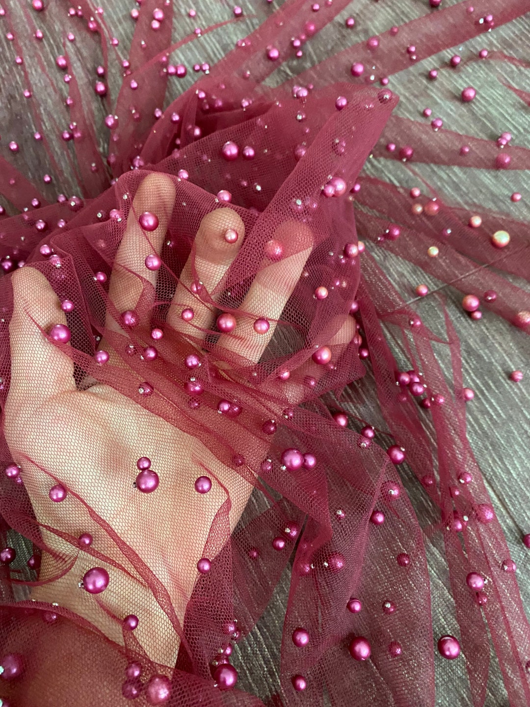 Burgundy Pearl Tulle Fabric, Burgundy Beaded Pearl Tulle Fabric by the ...