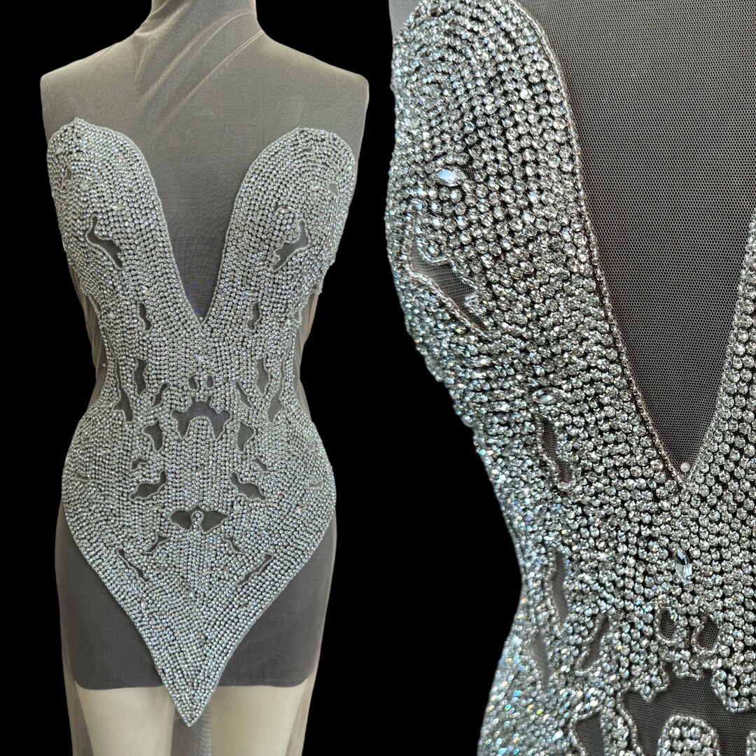 Silver Rhinestone Bodice Applique on Lace Mesh , Rhinestone Beaded ...